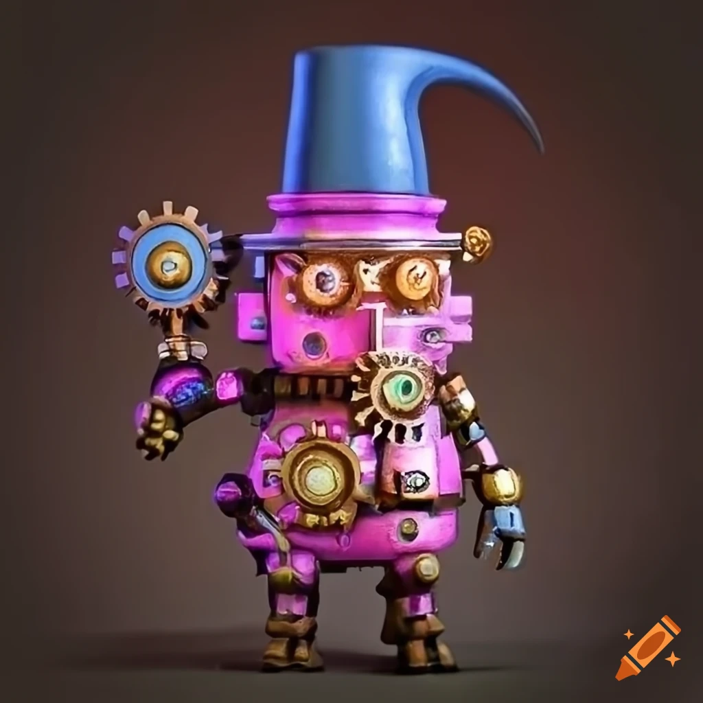 Clockwork, steampunk, robot gnome with gear eyes and pink hat on Craiyon