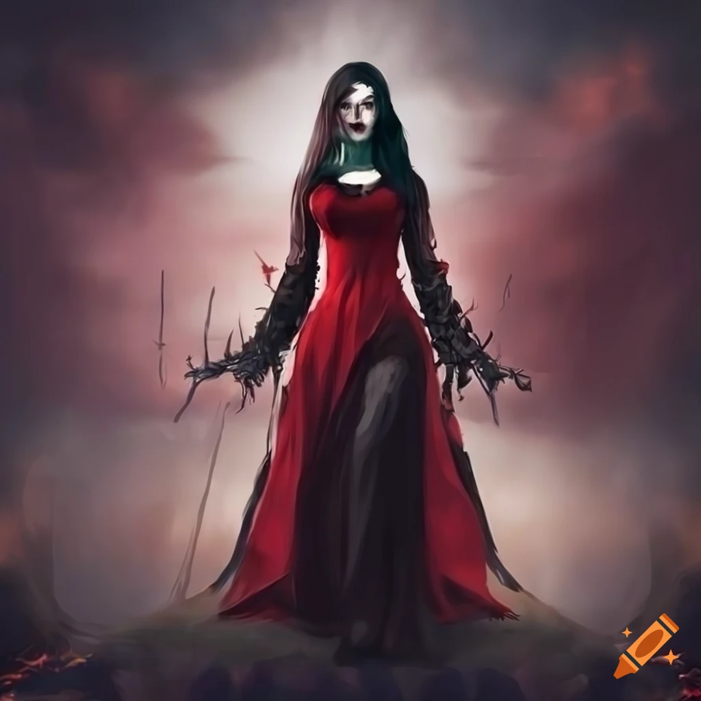 Diabolic vampire woman with long hair in medieval attire, fire and fog ...