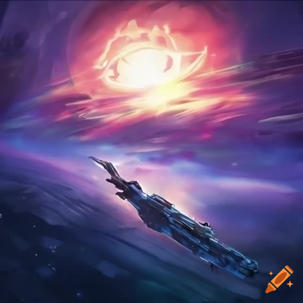 Yugioh artwork of a stranded spaceship on the horizon on Craiyon