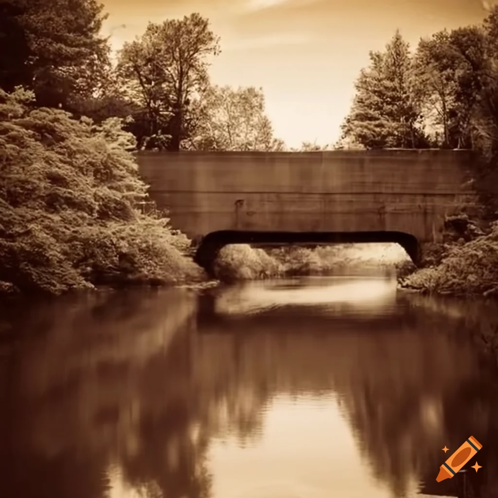 Sepia photo of a smooth concrete bridge over a river in the countryside on Craiyon