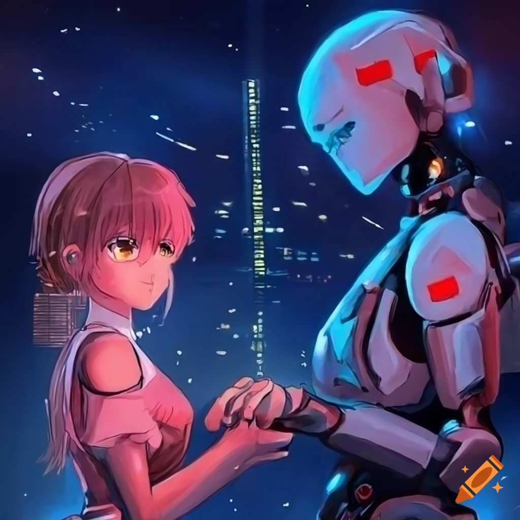Robot man and human girl holding hands in a city at night in an anime ...