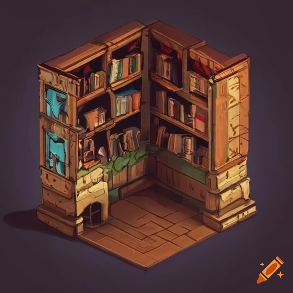 Isometric RPG tiles of a secondhand bookshop on Craiyon