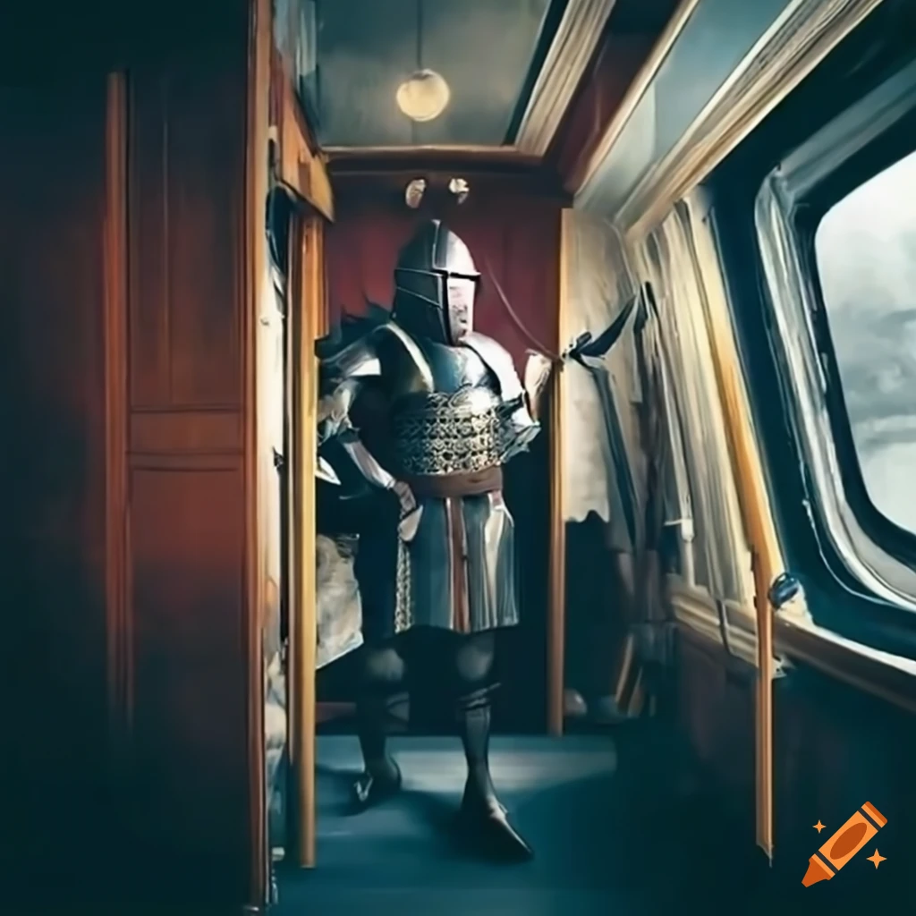 Medieval knight inside a modern train on Craiyon