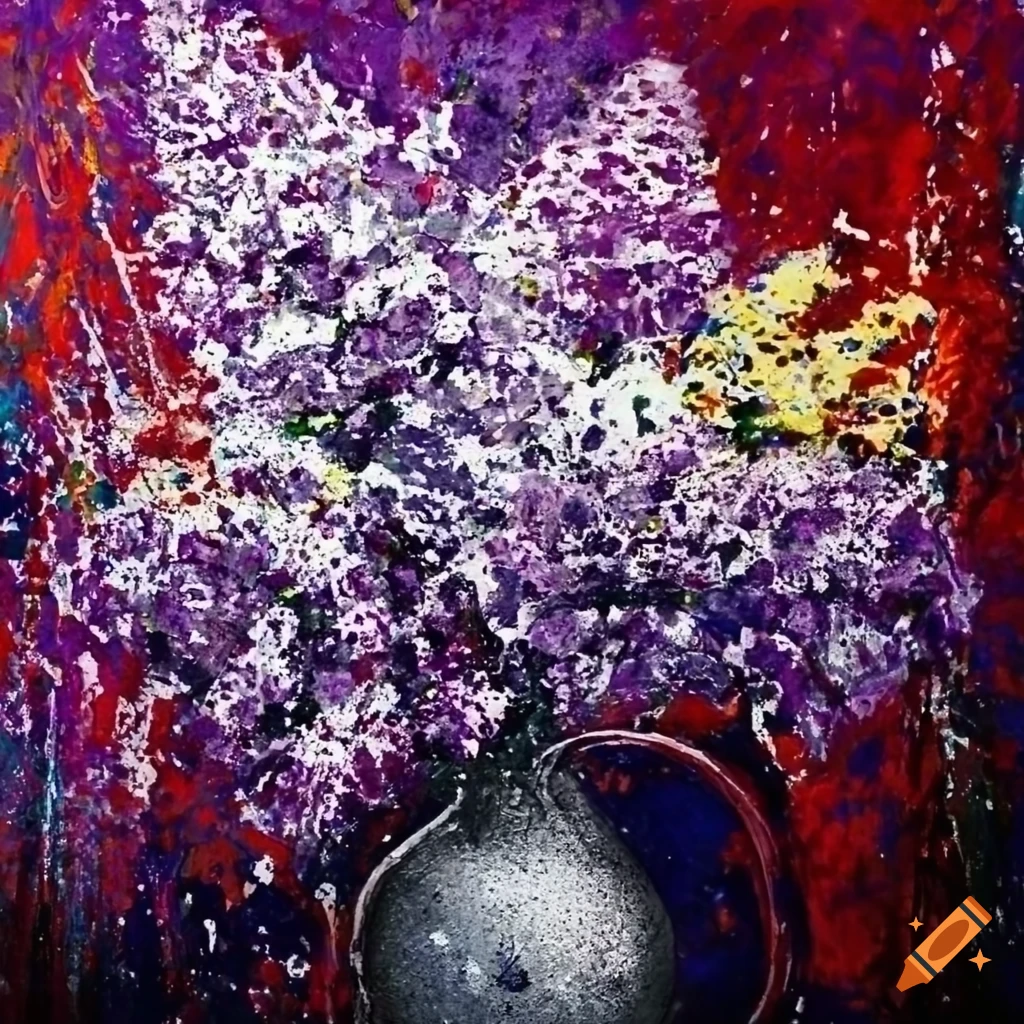 Abstract splatter painting in silver, white, red, lilac, and yellow ...