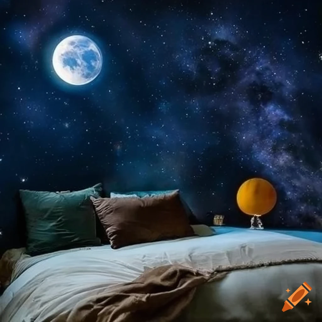 Fantasy bedroom with a moon bed, galactic walls, and floating planets ...