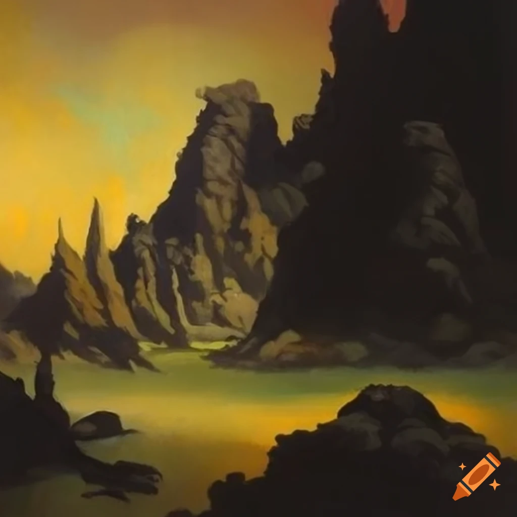 Epic landscape inspired by Frank Frazetta's style on Craiyon