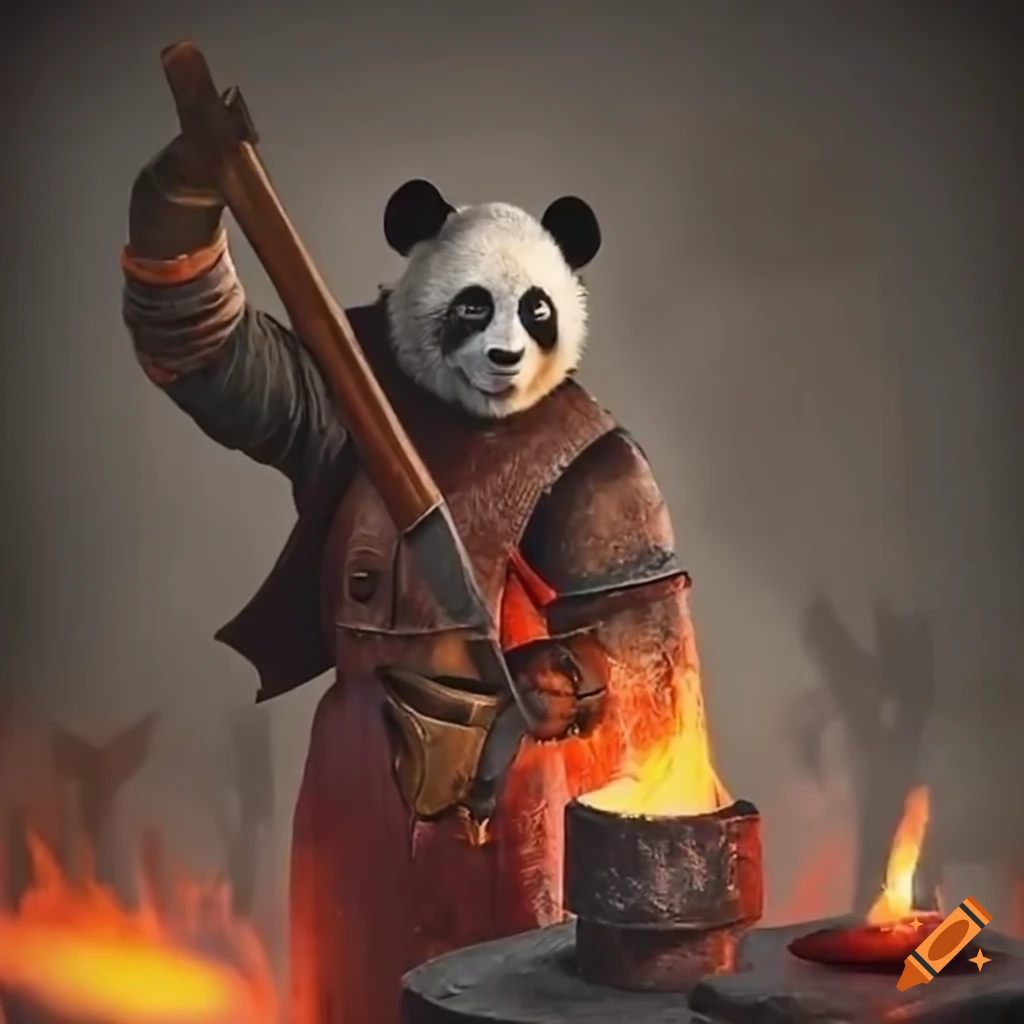 Legendary panda man blacksmith forging armors in a traditional forge on ...