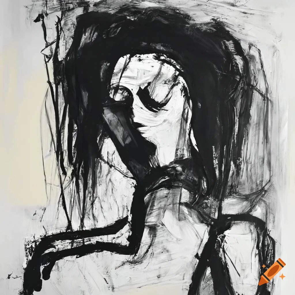 Abstract expressionist painting of seated female figure in black and ...