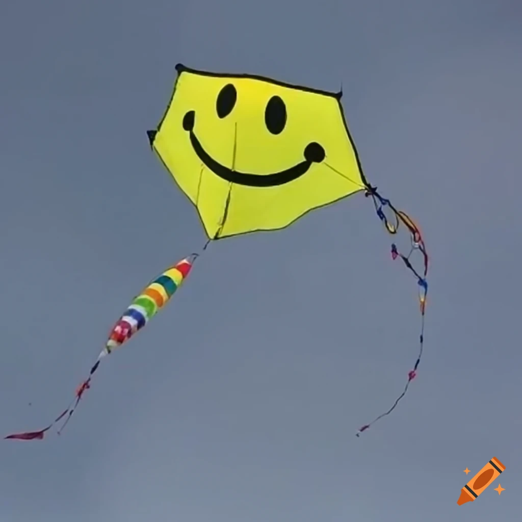 Yellow smiley face kite flying in the manchester sky on Craiyon