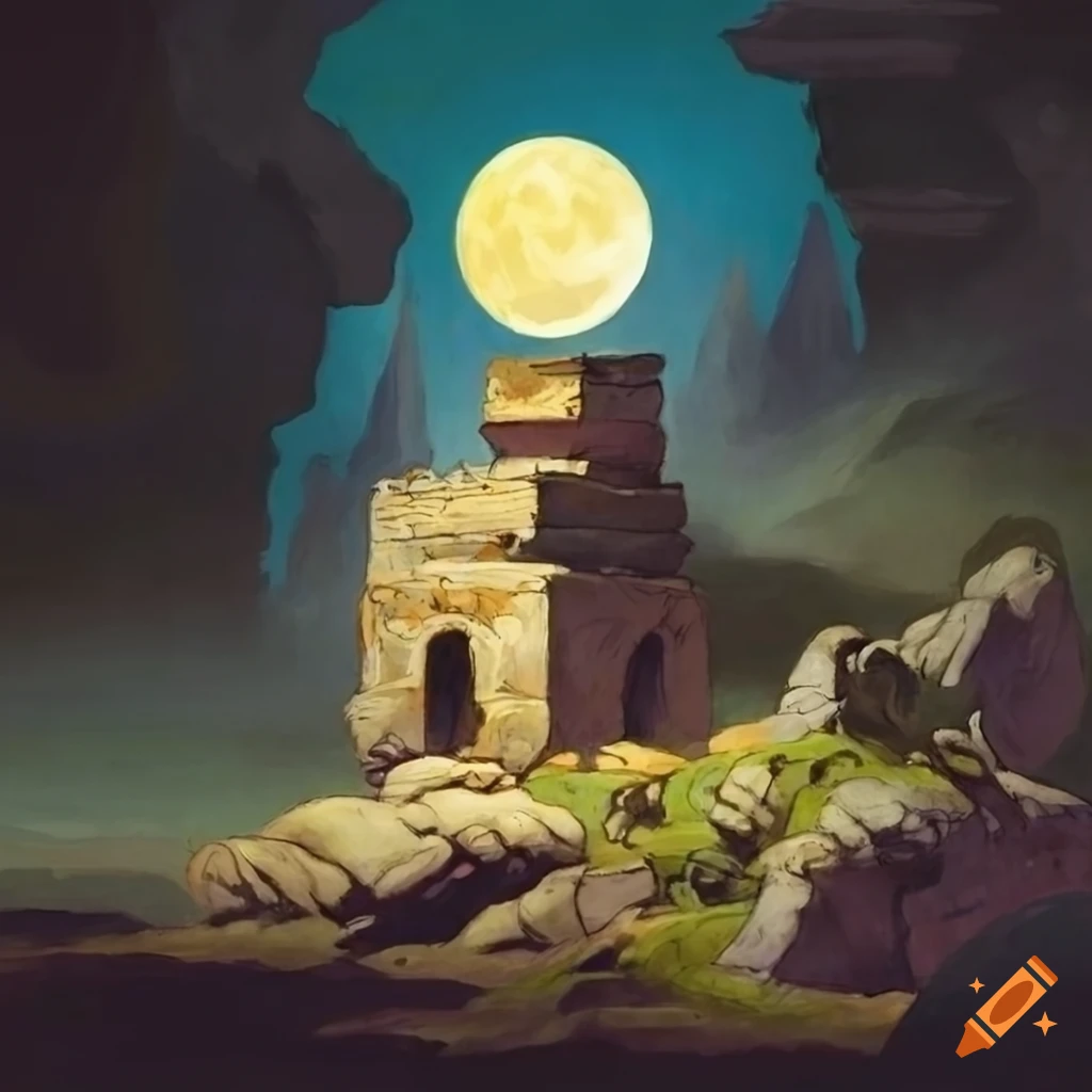 Ancient stone building and pillar illuminated by moonlight in Frank ...