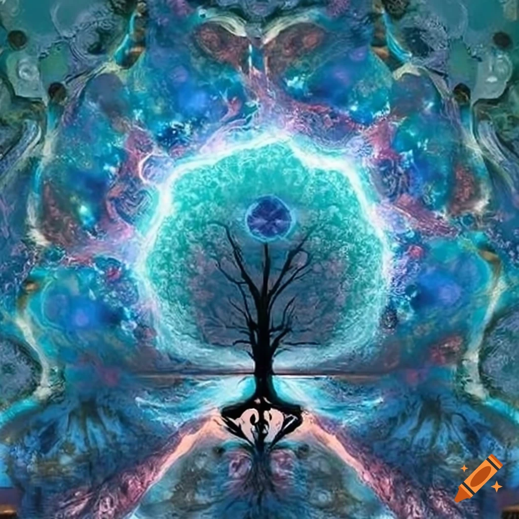 Tree reaching for planets in a mystical ascension on Craiyon