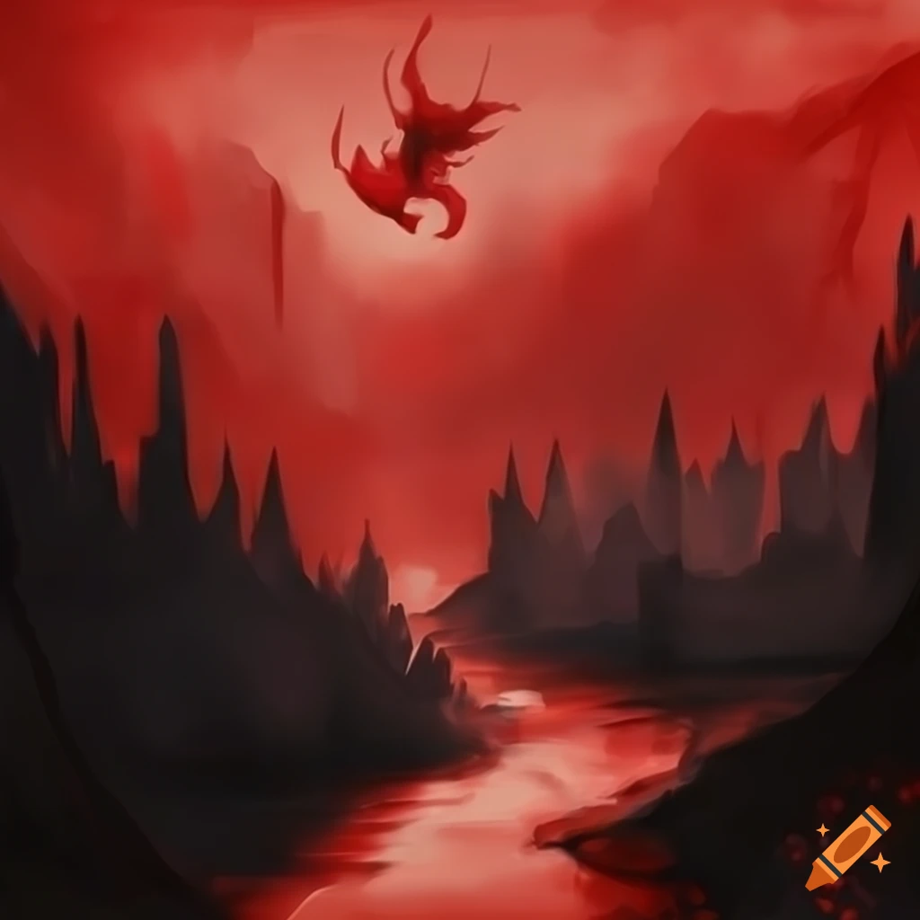 Red fantasy landscape with a sense of danger on Craiyon