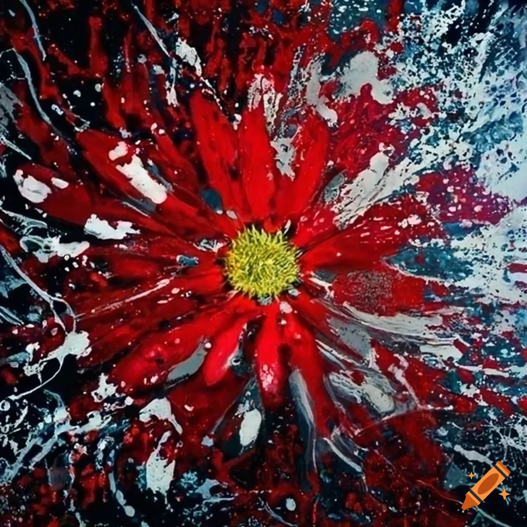 Abstract silver and white splatter painting with red chamomile flowers ...