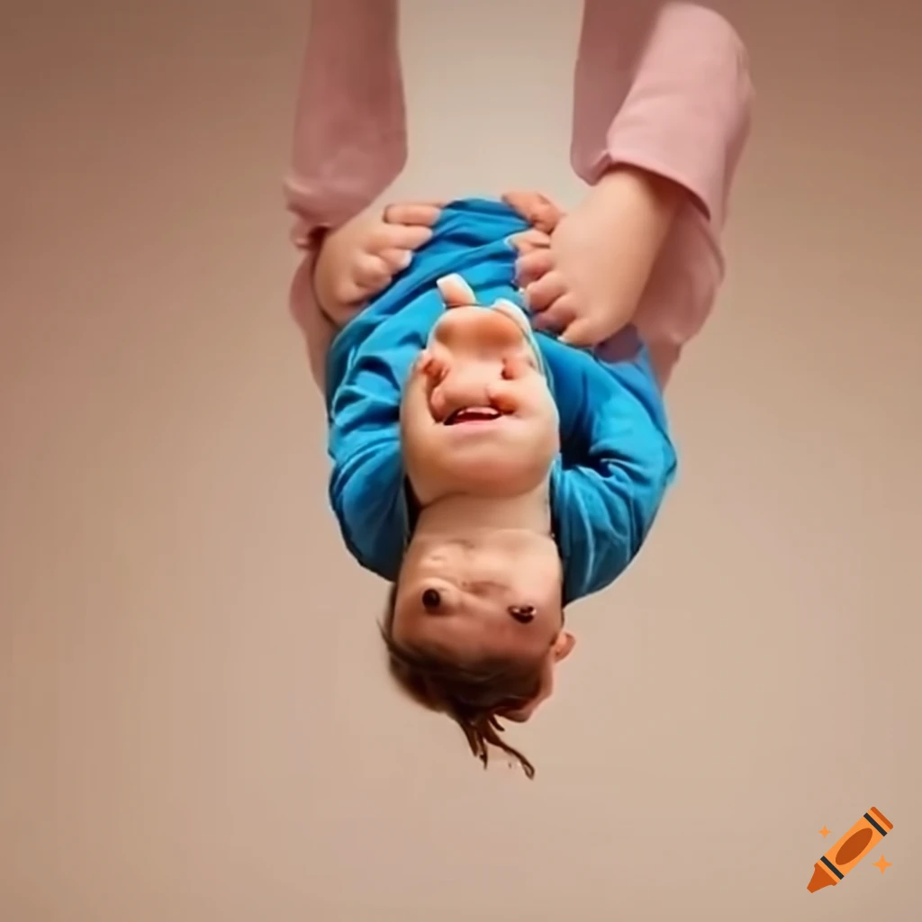 Curious child playfully upside down with a grin on Craiyon