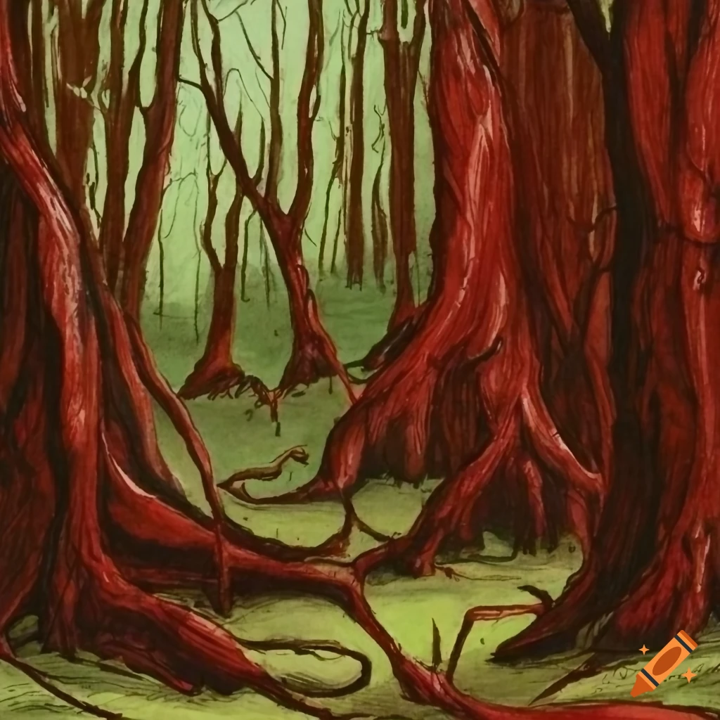 Red and green frozen woods in an old drawing inspired by magic: the ...
