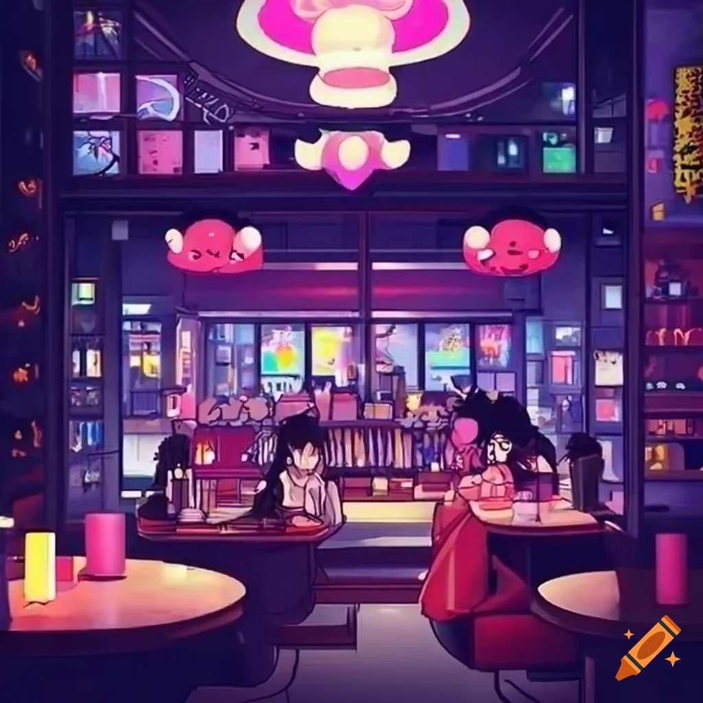 Anime japanese restaurant interior in nighttime tokyo metropolis with ...