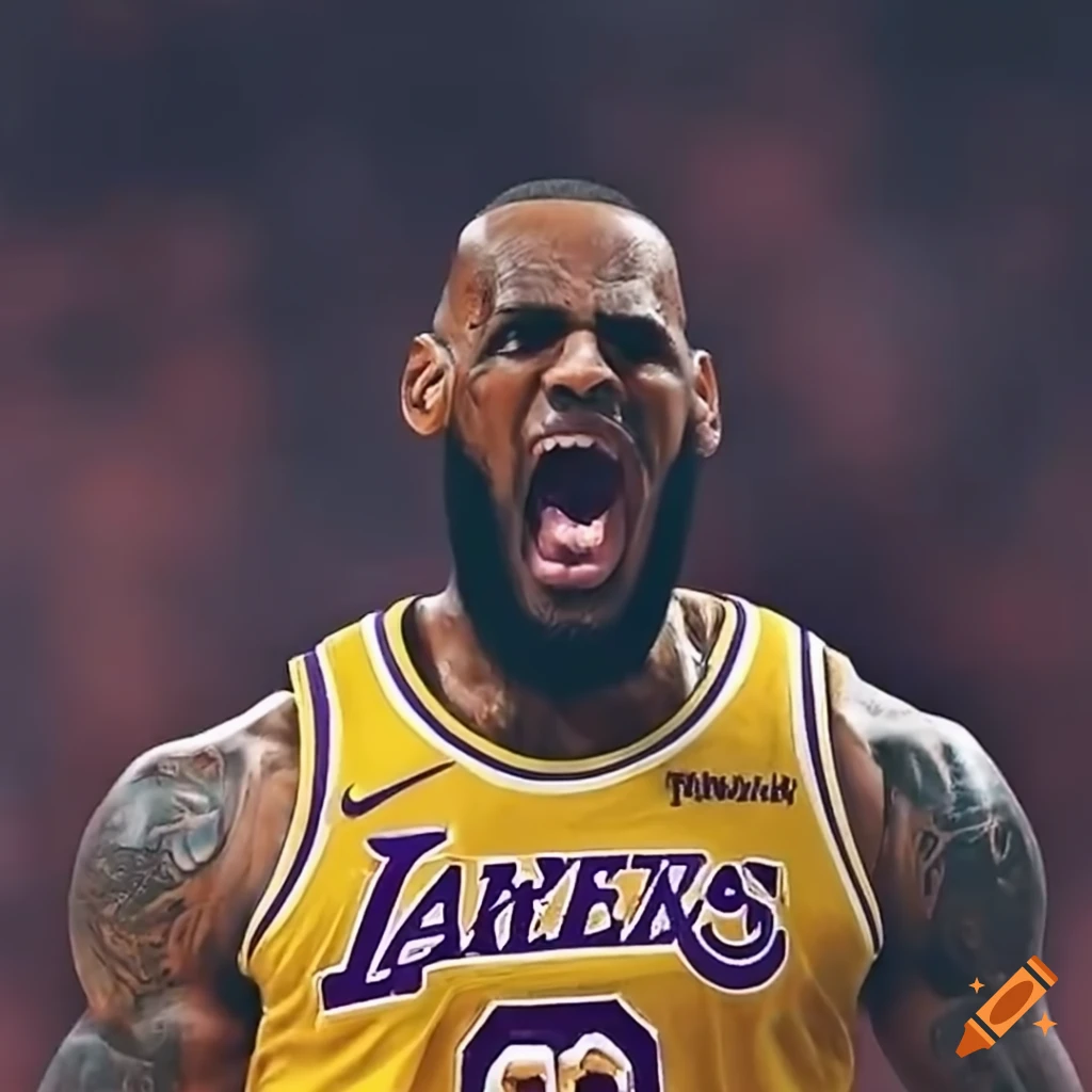 LeBron James in a screaming action with a big mouth on Craiyon