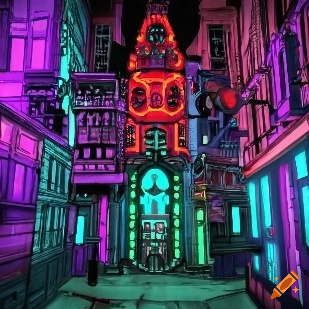 Borg goth city in steampunk neon rainbow style on Craiyon