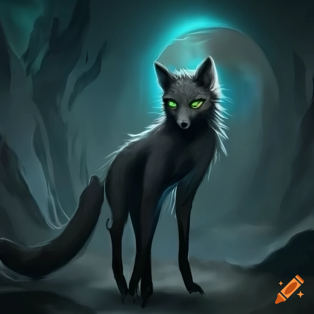 Anthropomorphic black fox with green eyes in Stellaris art style on Craiyon