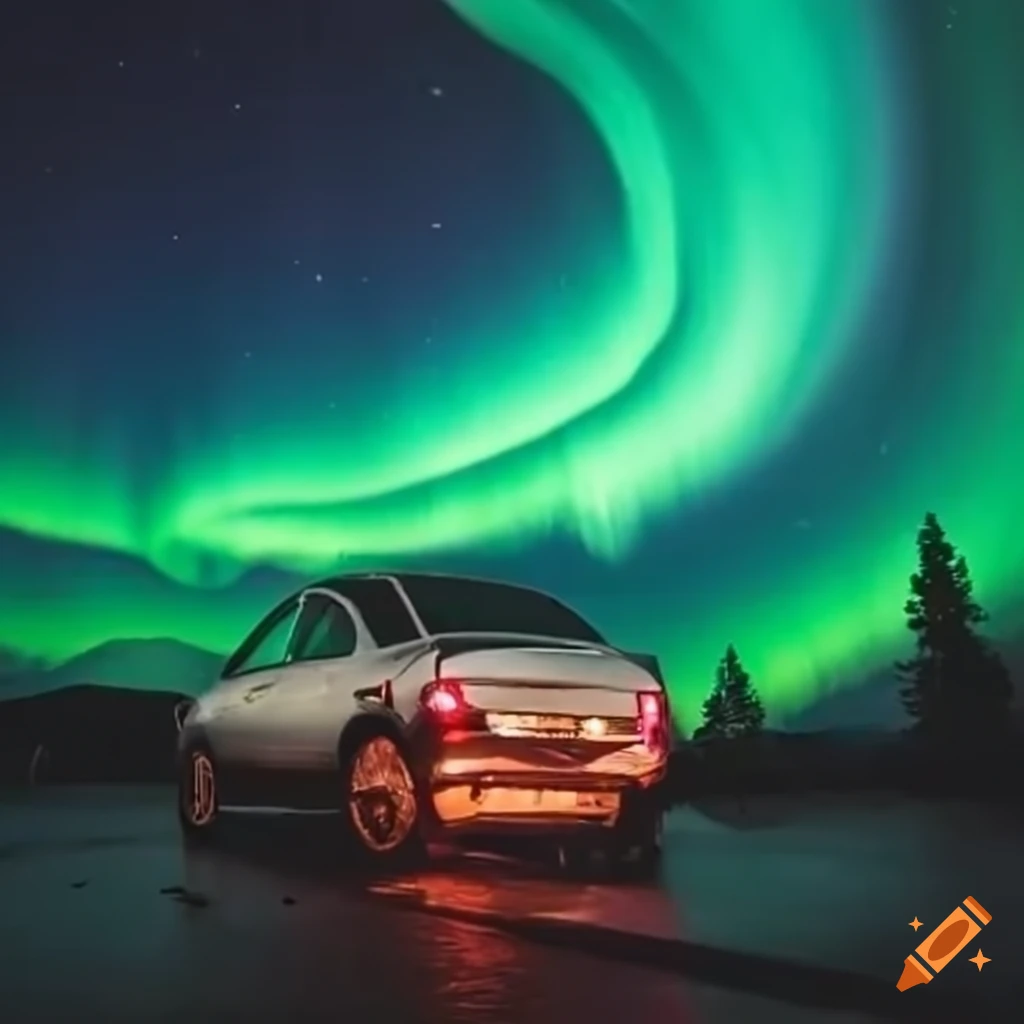 Car under the moonlight with northern lights in the sky at night on Craiyon
