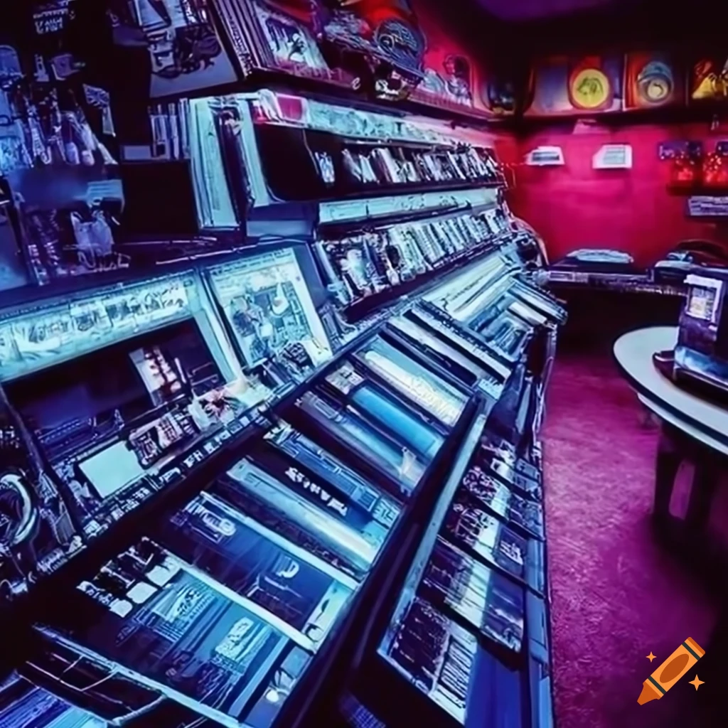 Retro-futuristic music store with otherworldly gadgets and technologies ...