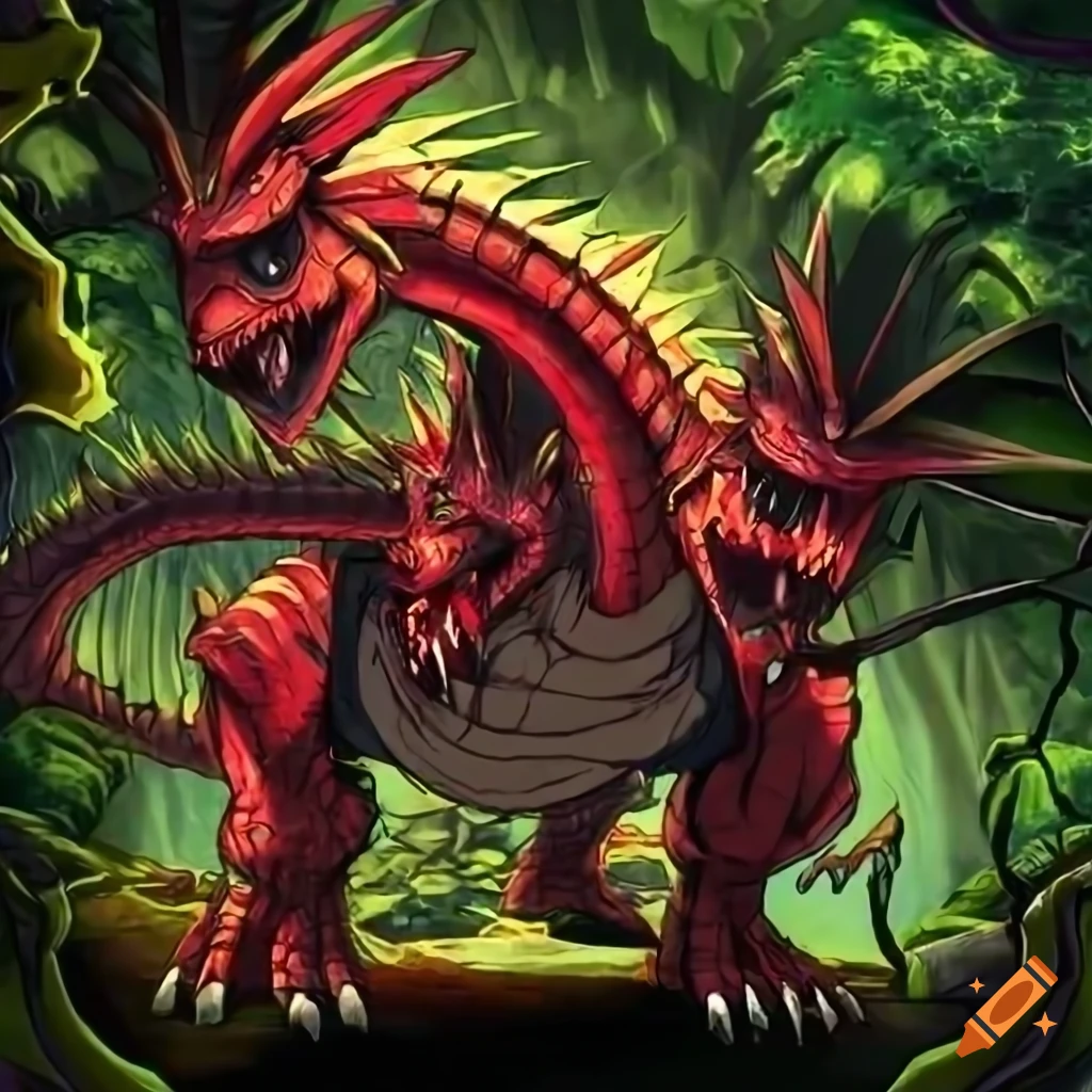 Dual-headed hydra T-Rex with red skin in a jungle setting on Craiyon