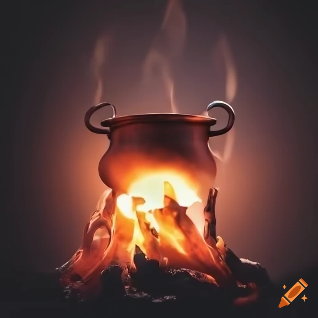 Copper cauldron over fire on Craiyon