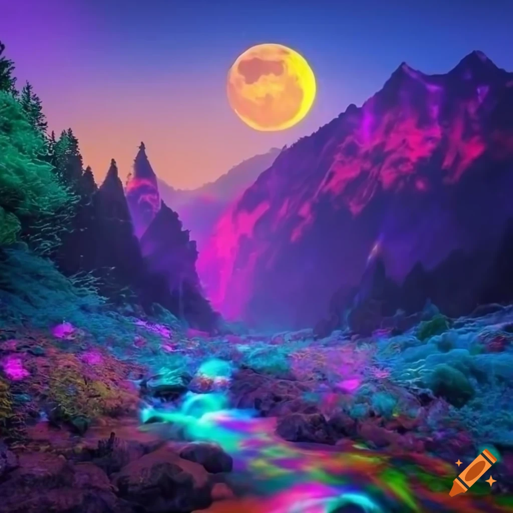 Spring rebirth with neon luminescent effect in mountain landscape on ...