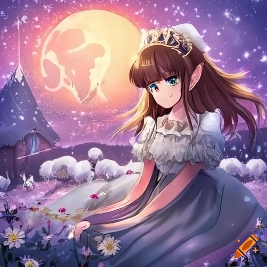 Anime princess with brown hair in a wintry dreamy scene under the icy ...
