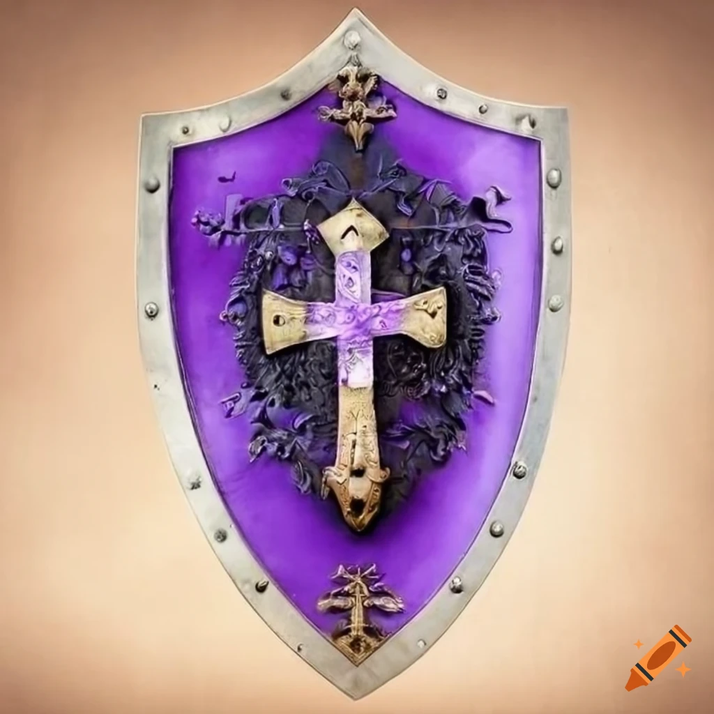 Collection of medieval knight shields with lavender crosses on Craiyon