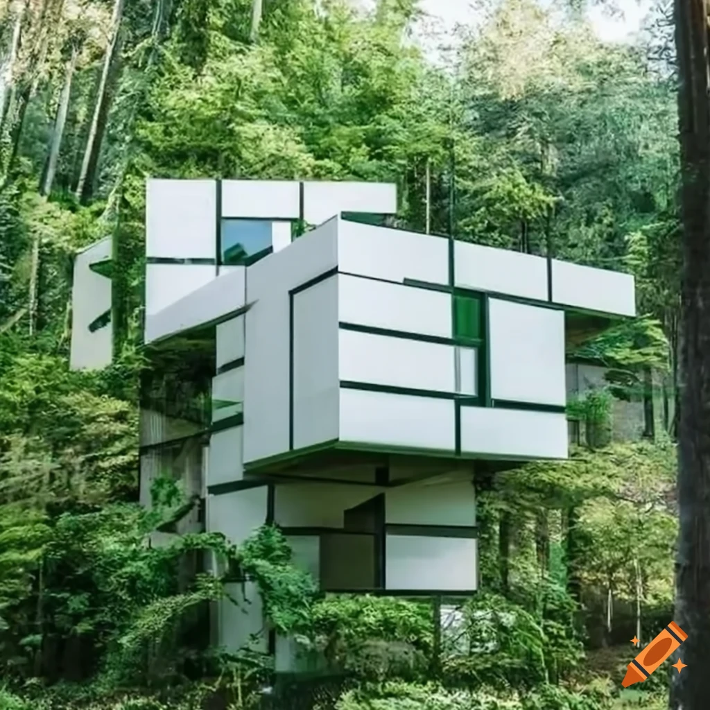 Futuristic geometric modular house covered in plants in a forest ...