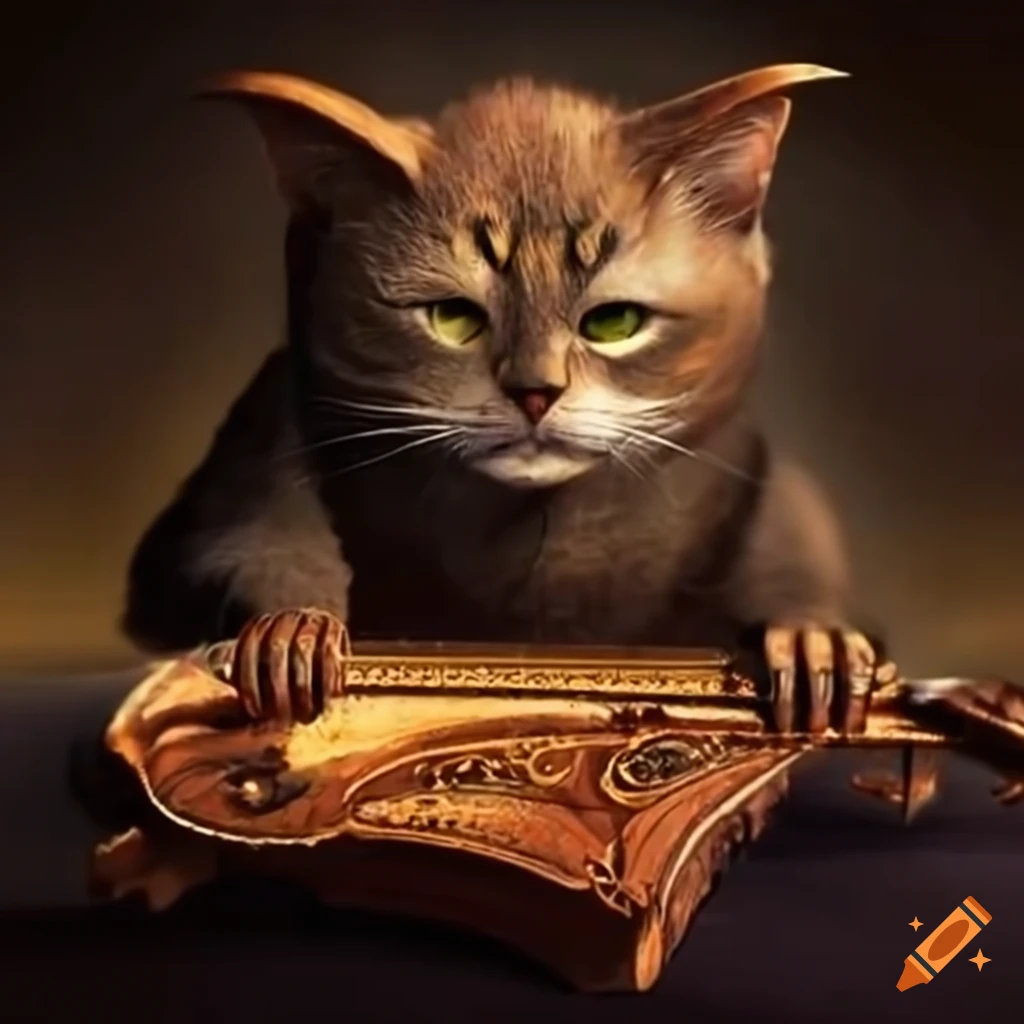Mythical triple-headed cat playing a zither on Craiyon