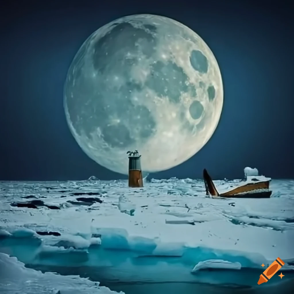 Moon in icy waters next to sinking titanic in the atlantic ocean on Craiyon