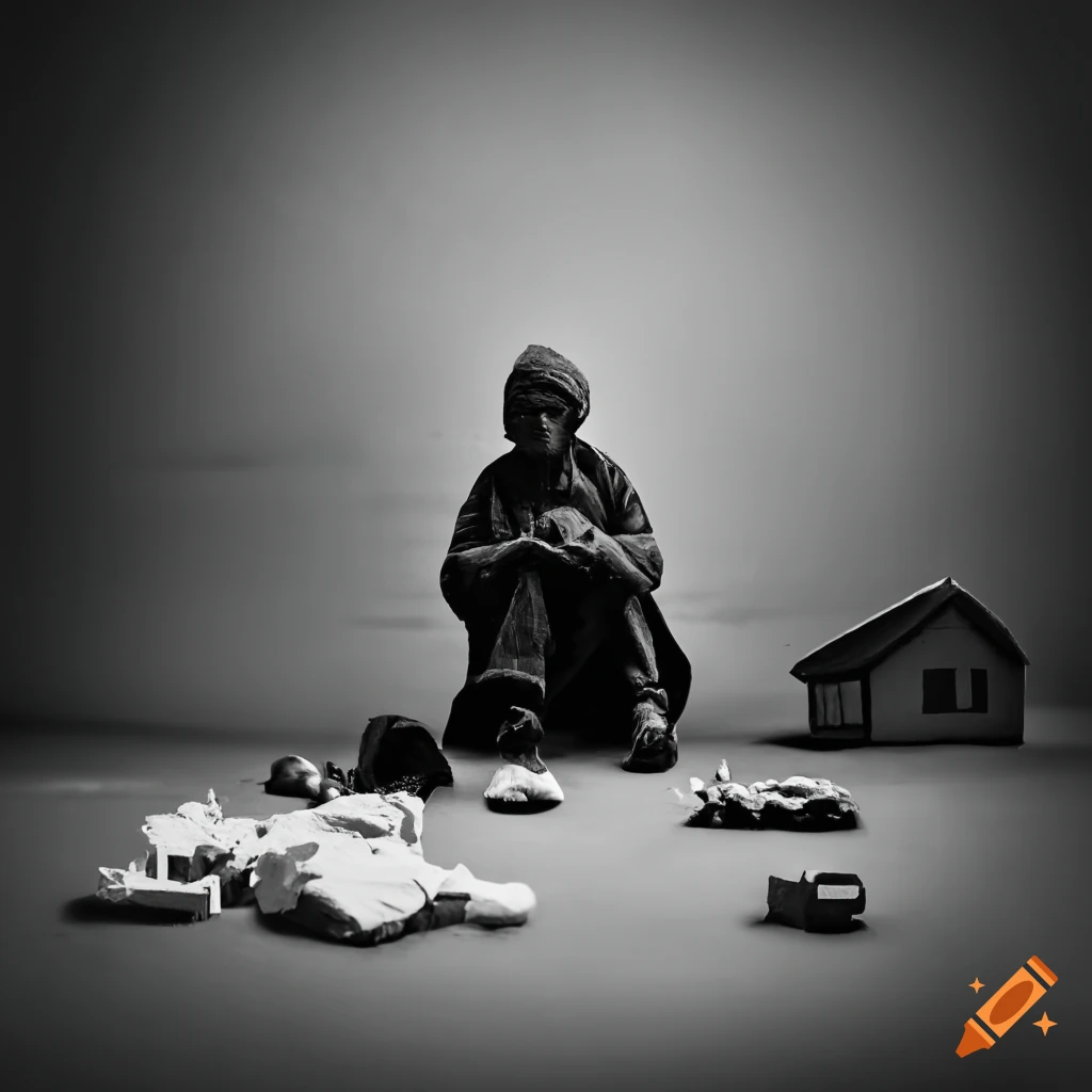 Homeless person building a toy house in front of a real one in a ...