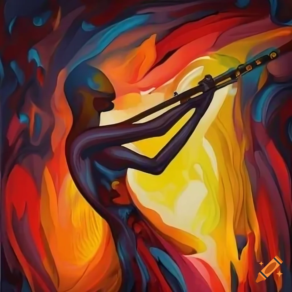 Abstract dancing fire spirit playing a flute on Craiyon