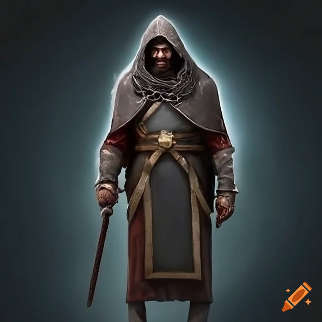 Hooded cleric with mace and shield in chainmail armor on Craiyon