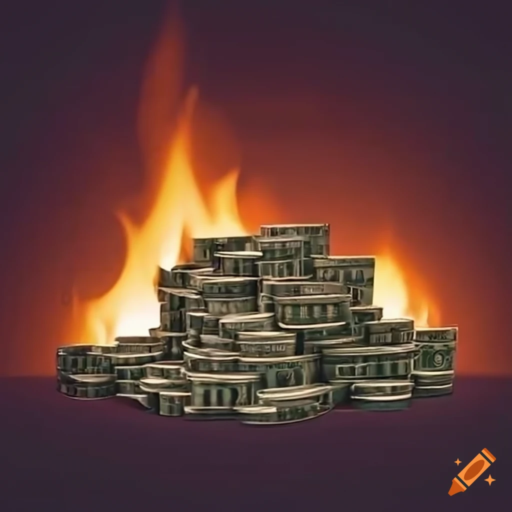 Piles of cash on fire burning in slow motion on Craiyon