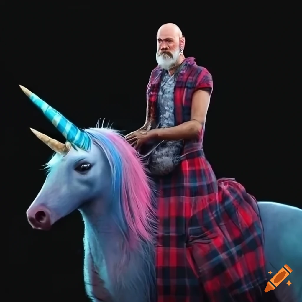 Bald bearded man in flannel riding a unicorn in hyper-realistic style ...