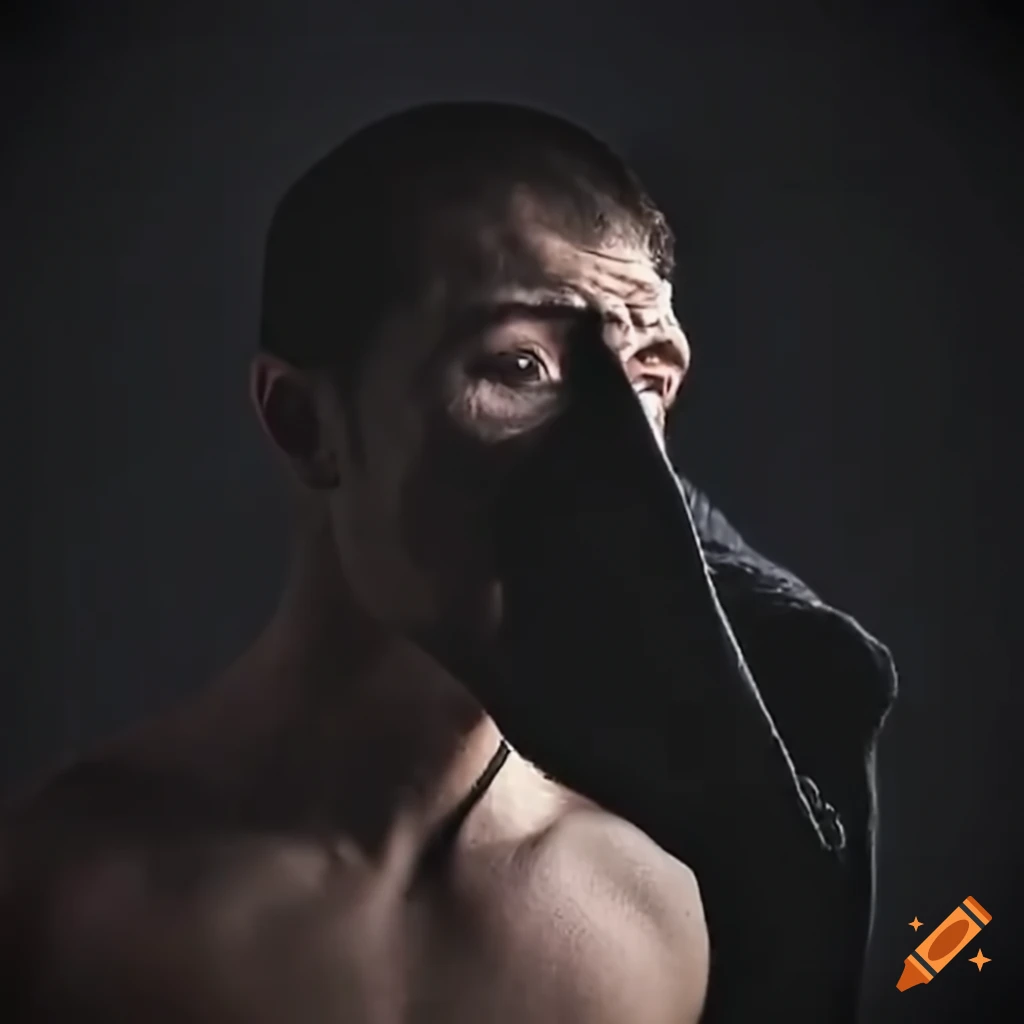Dramatic scene with a man in tears tying a black cloth over his mouth ...