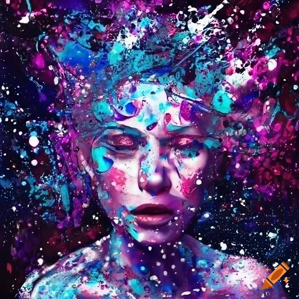 Abstract splatter painting with silver, white, red, blue-violet colors ...