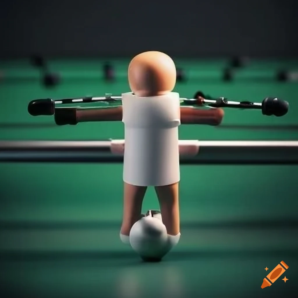 Foosball player in white kit with stadium background on Craiyon