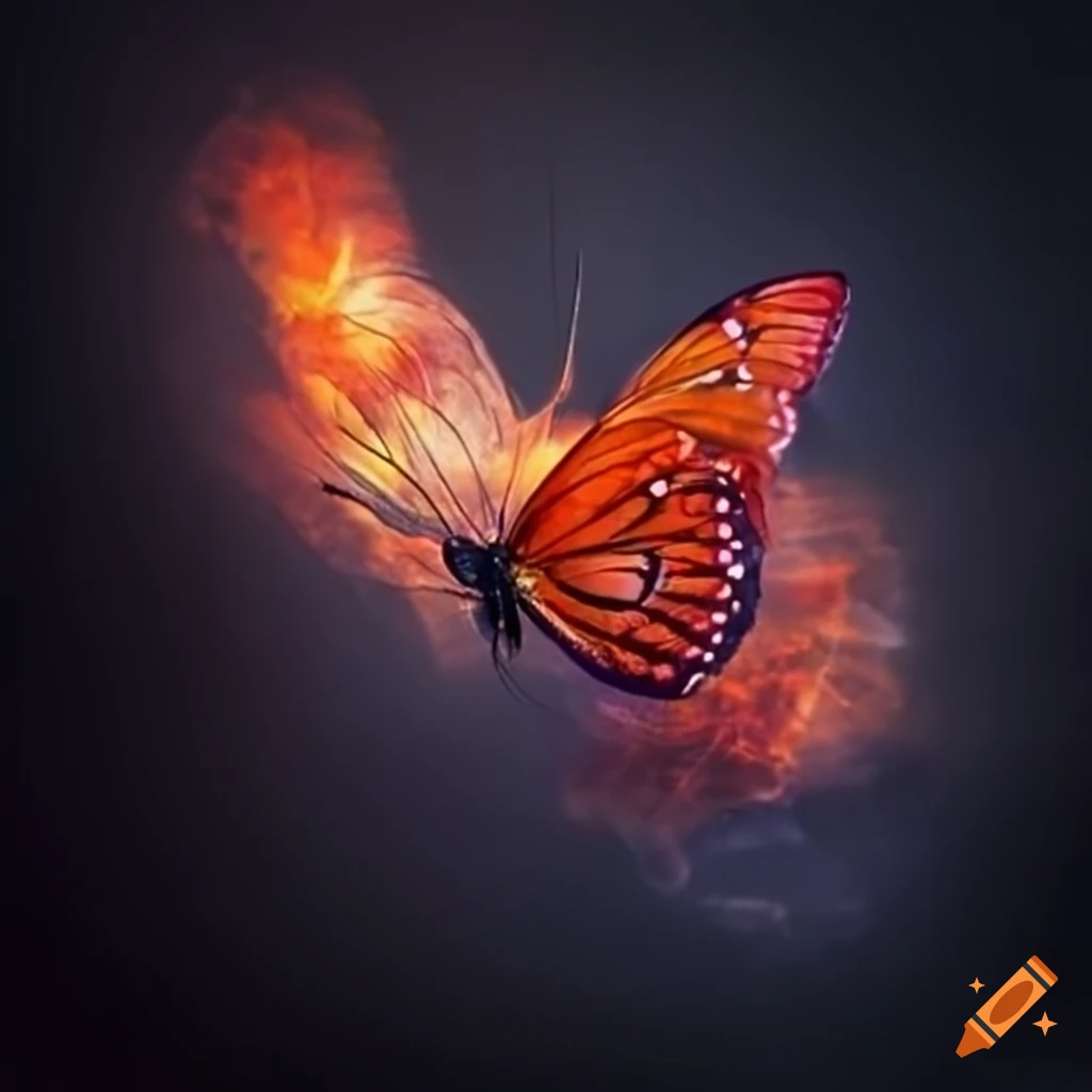 Butterflies with fiery wings fluttering in ashes on Craiyon