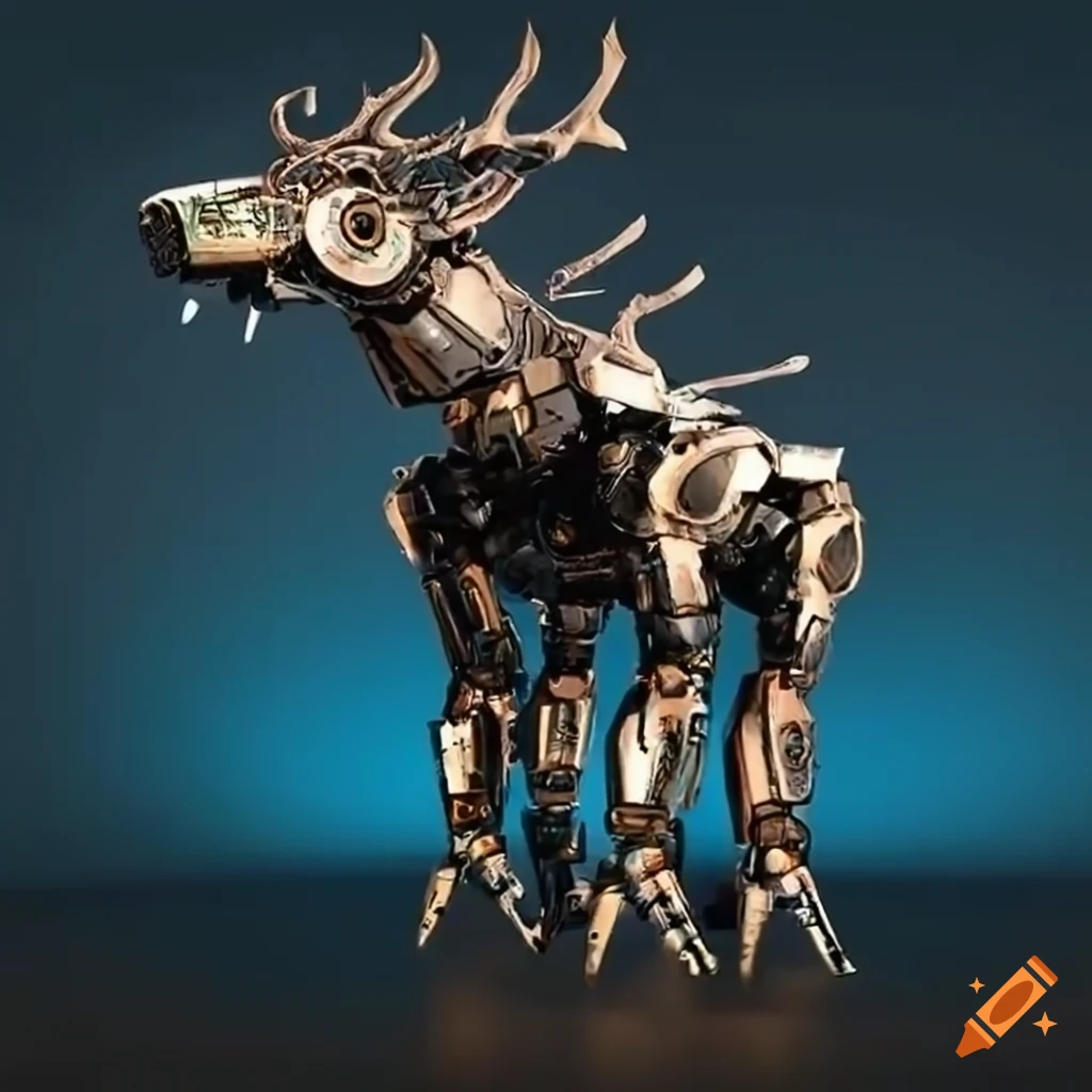 Intricately detailed robotic giant elk with glowing eyes prepared for ...