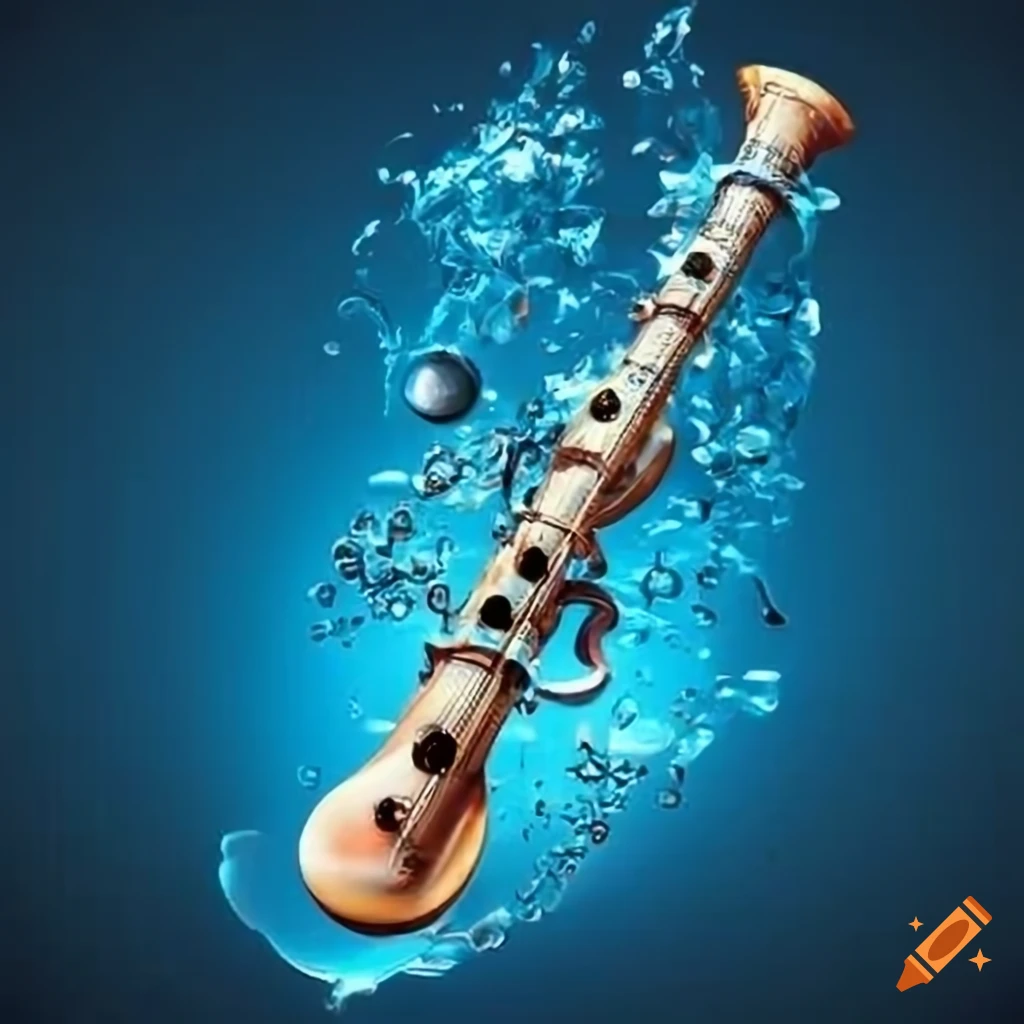 Flute guitar creating music underwater with water material on Craiyon