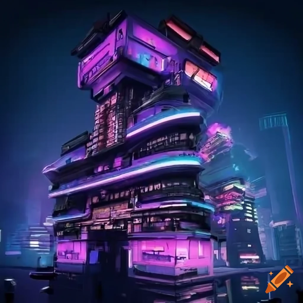 Futuristic cyberpunk building on Craiyon