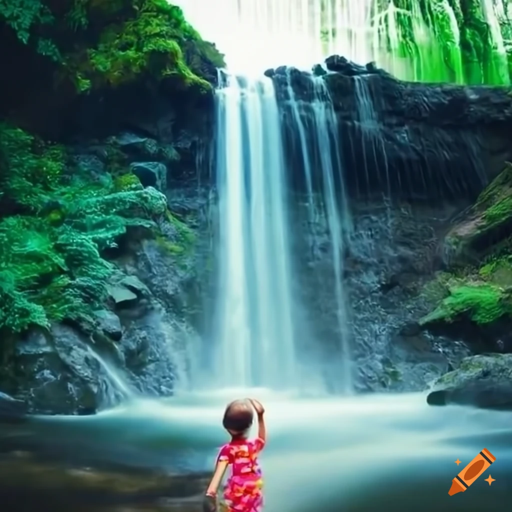 Beautiful waterfall with children enjoying the view on Craiyon