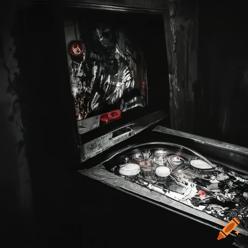 Dark abandoned pinball machine in a horror setting on Craiyon