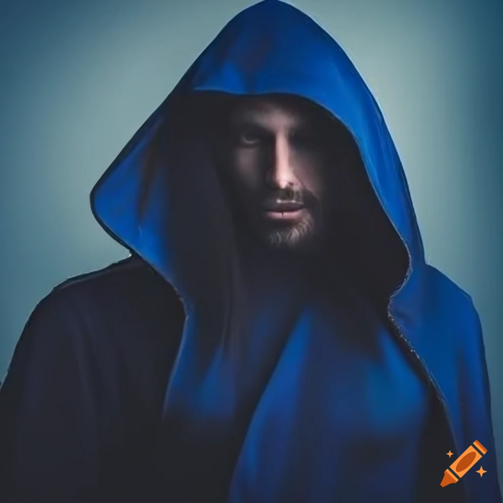 Man with long hair in a dark blue hooded cape on Craiyon