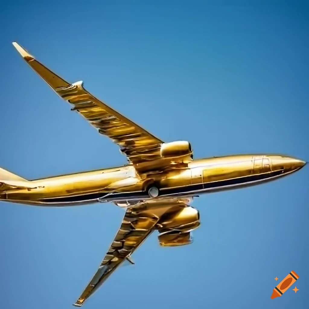 Golden jet airplane soaring in the clear blue sky on Craiyon