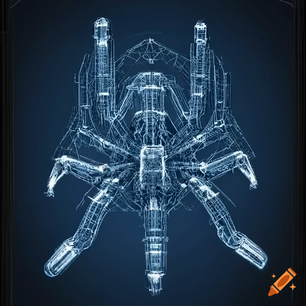 Blueprint of detailed spider engineering design in a scifi style on Craiyon